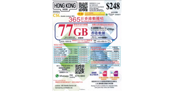 HK Mobile 77GB 數據年卡 $248